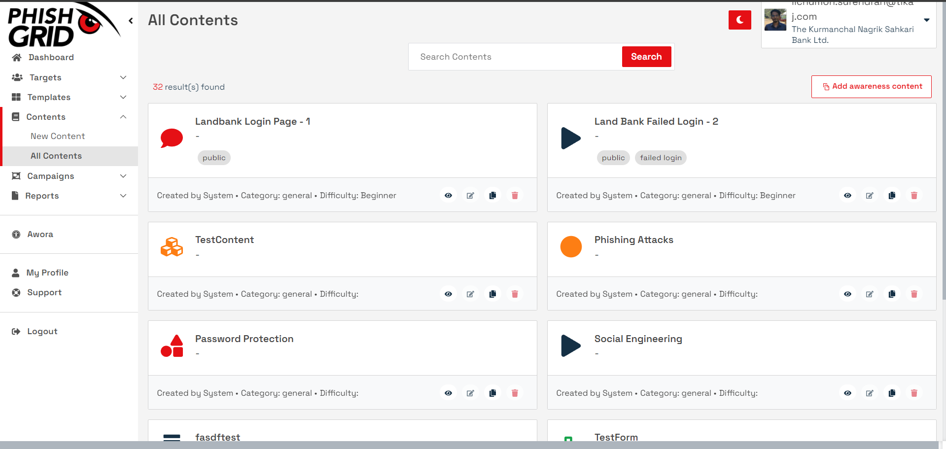 Viewing and Managing Contents - PhishGrid